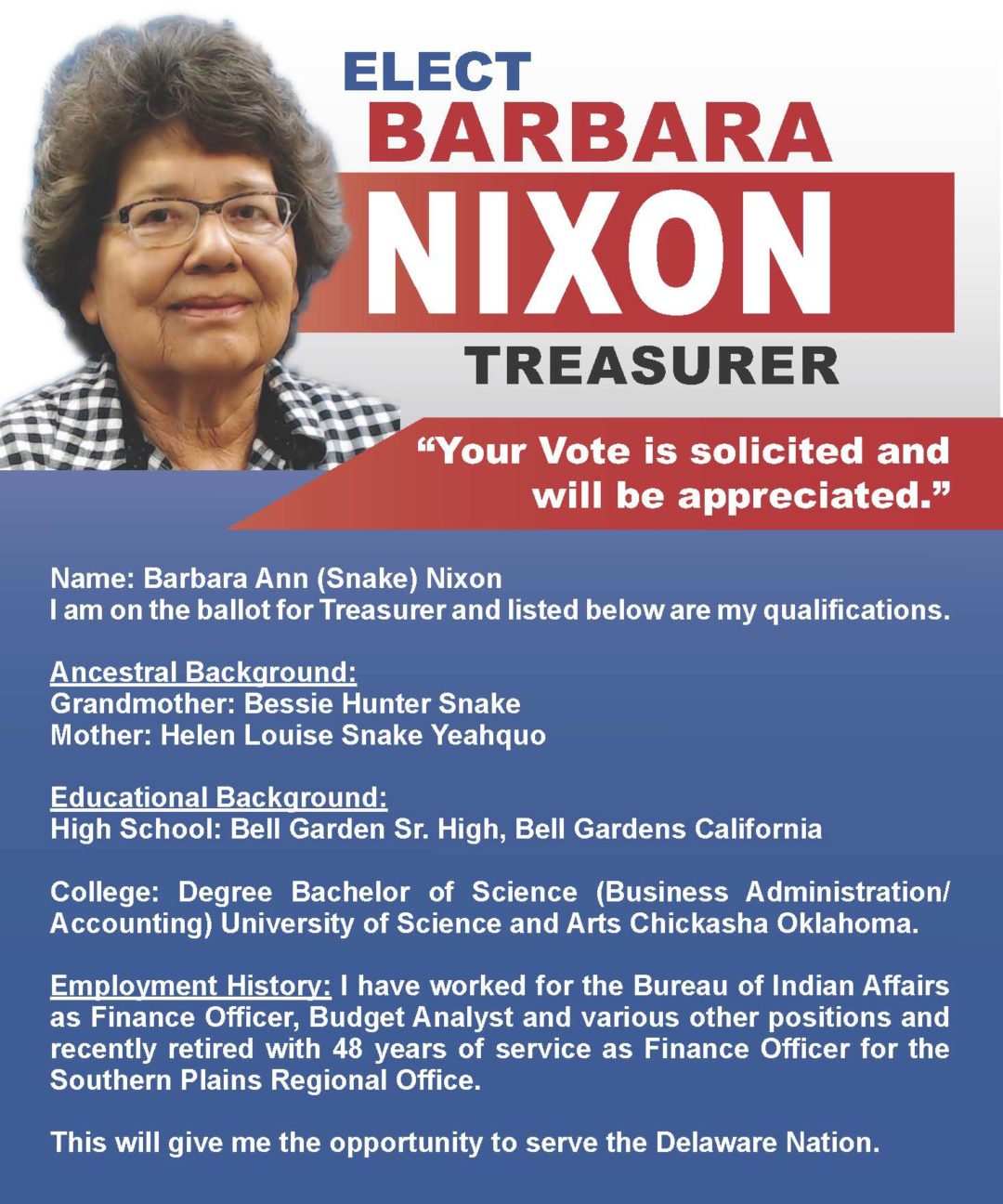 Elect Barbara Nixon Treasurer Candidate Flyer 2019 | Delaware Nation